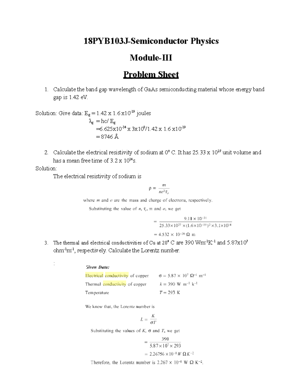 Semi unit 3 numericals - study this - 18PYB103J-Semiconductor Physics Module-III Problem Sheet 1 ...