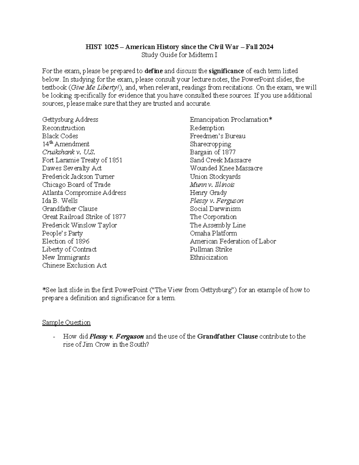 Midterm 1 Study Guide - HIST 1025 – American History since the Civil ...