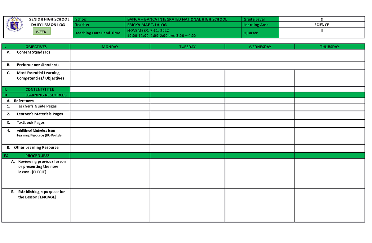 Daily Log Format DTOT Standard Blank - SENIOR HIGH SCHOOL DAILY LESSON ...