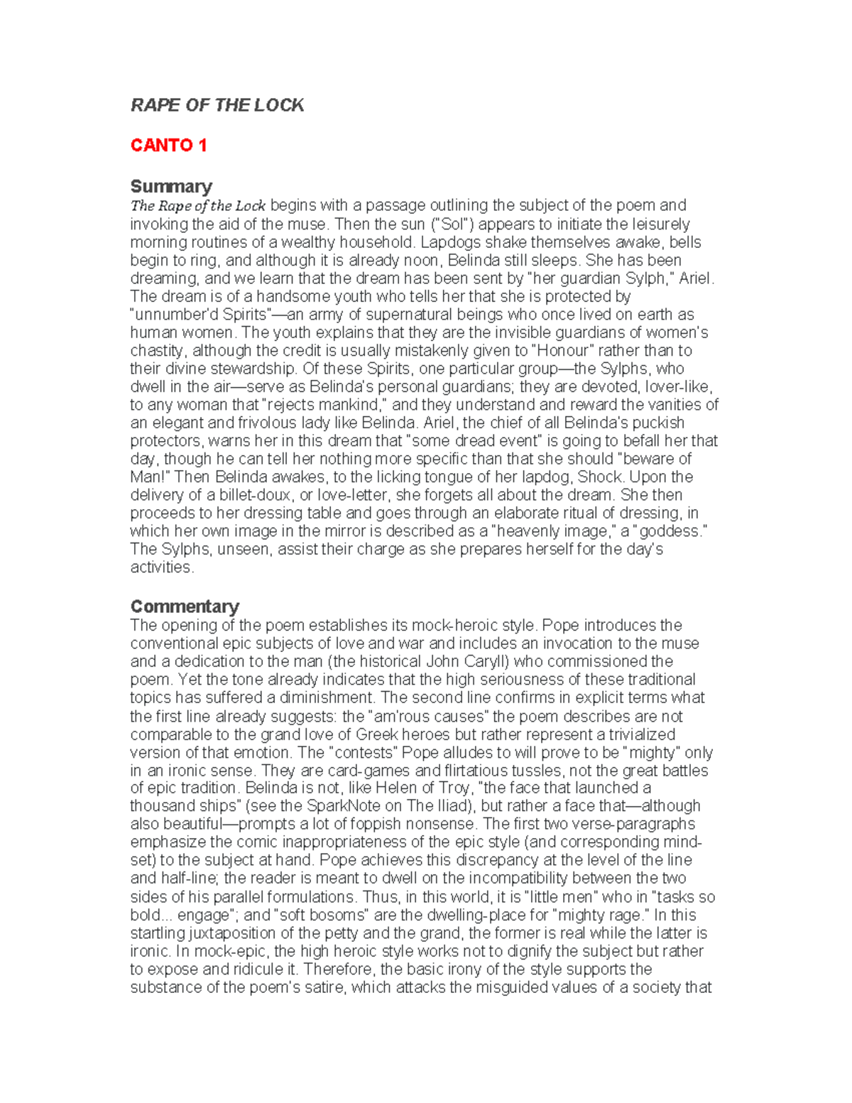 Analysis OF THE RAPE OF THE LOCK2021-01-27RAPE OF THE LOCK Summary ...