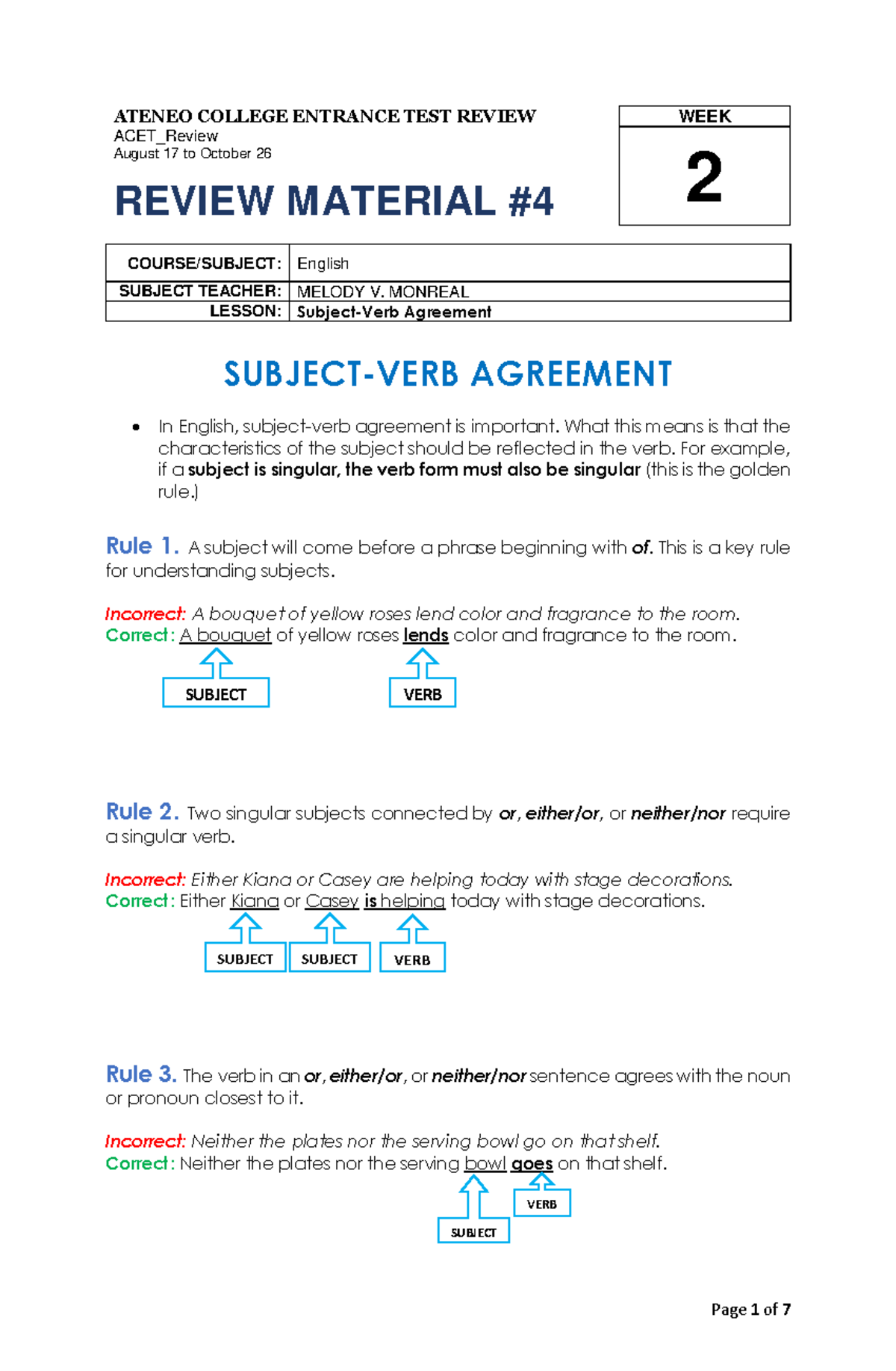 ACET Reviewer (English) with Practice Exercises Subject-Verb Agreement ...
