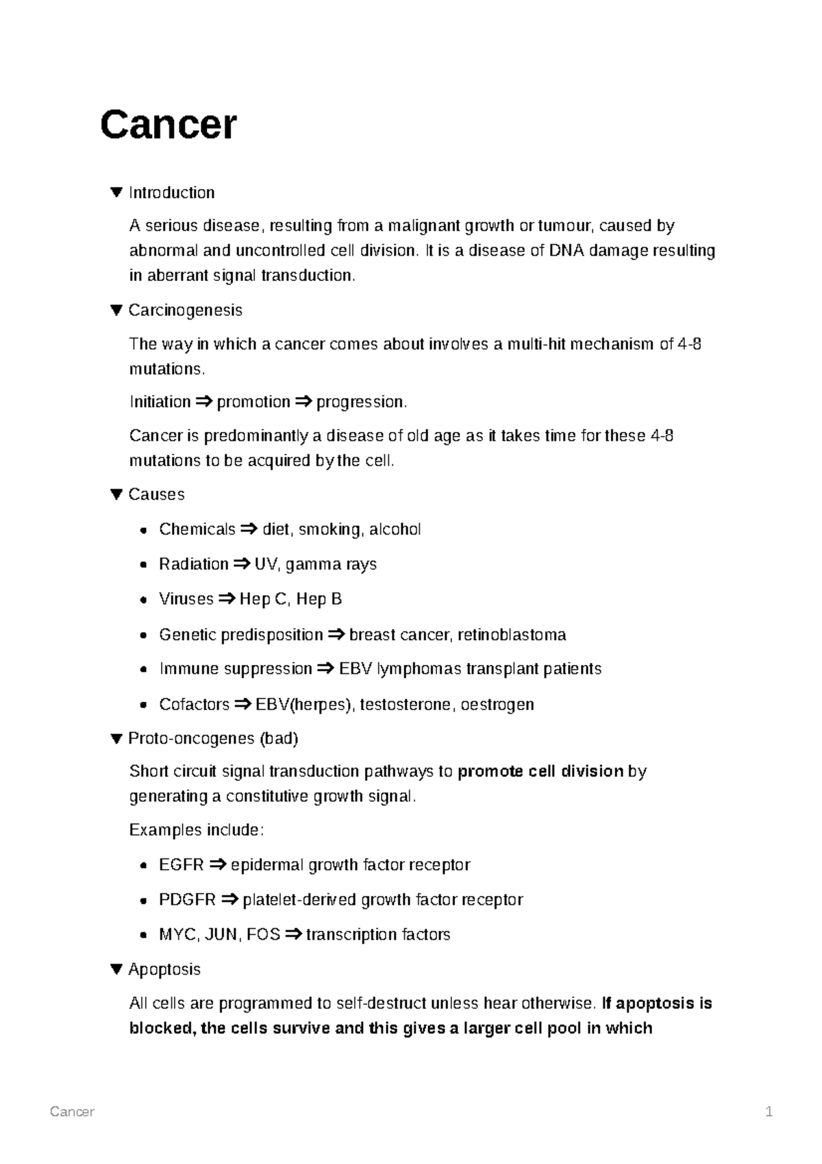 Cancer - Lecture notes - Cancer 1 Cancer Introduction A serious disease ...