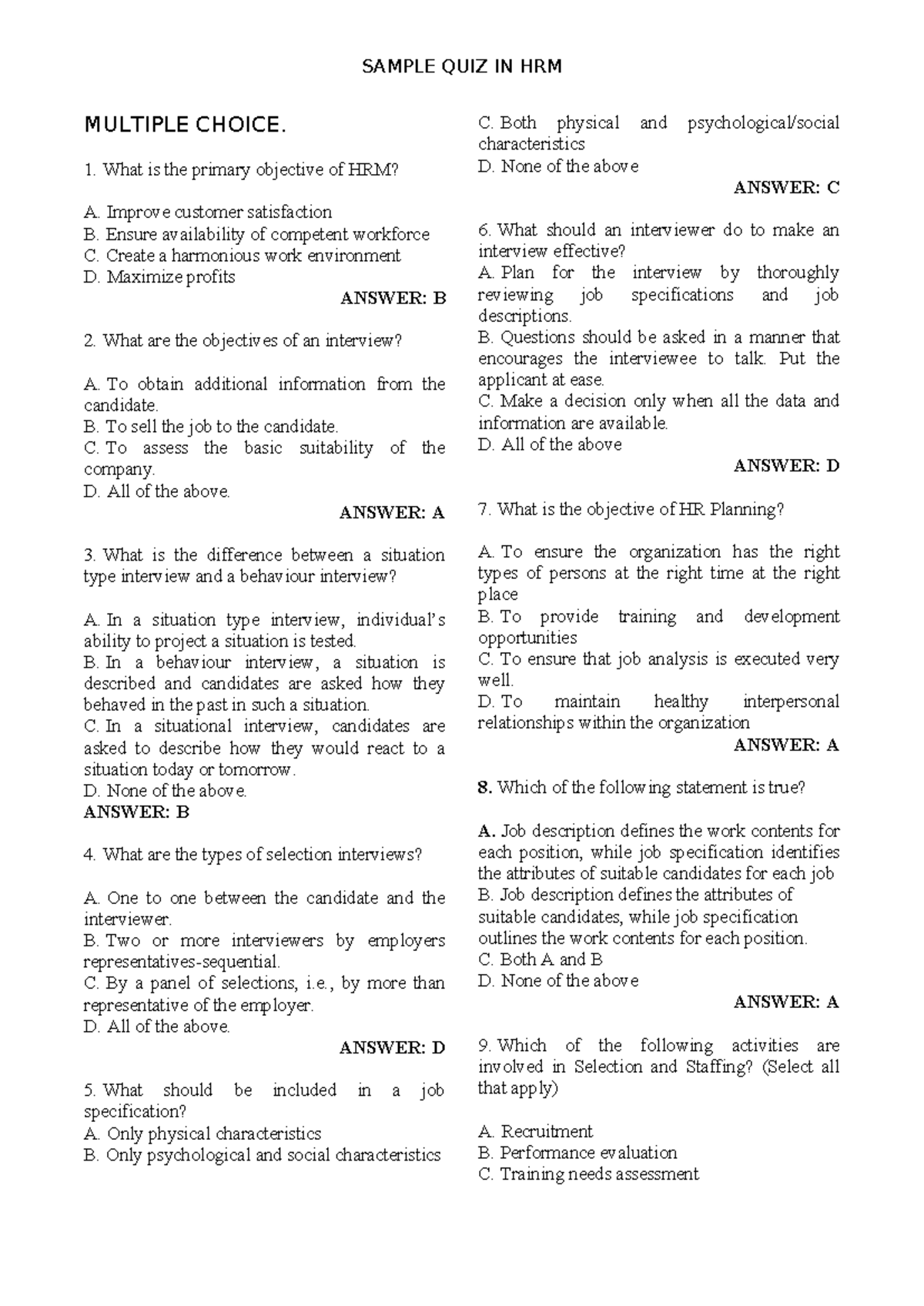Sample Quiz in Human RM - SAMPLE QUIZ IN HRM MULTIPLE CHOICE. What is the primary objective of ...