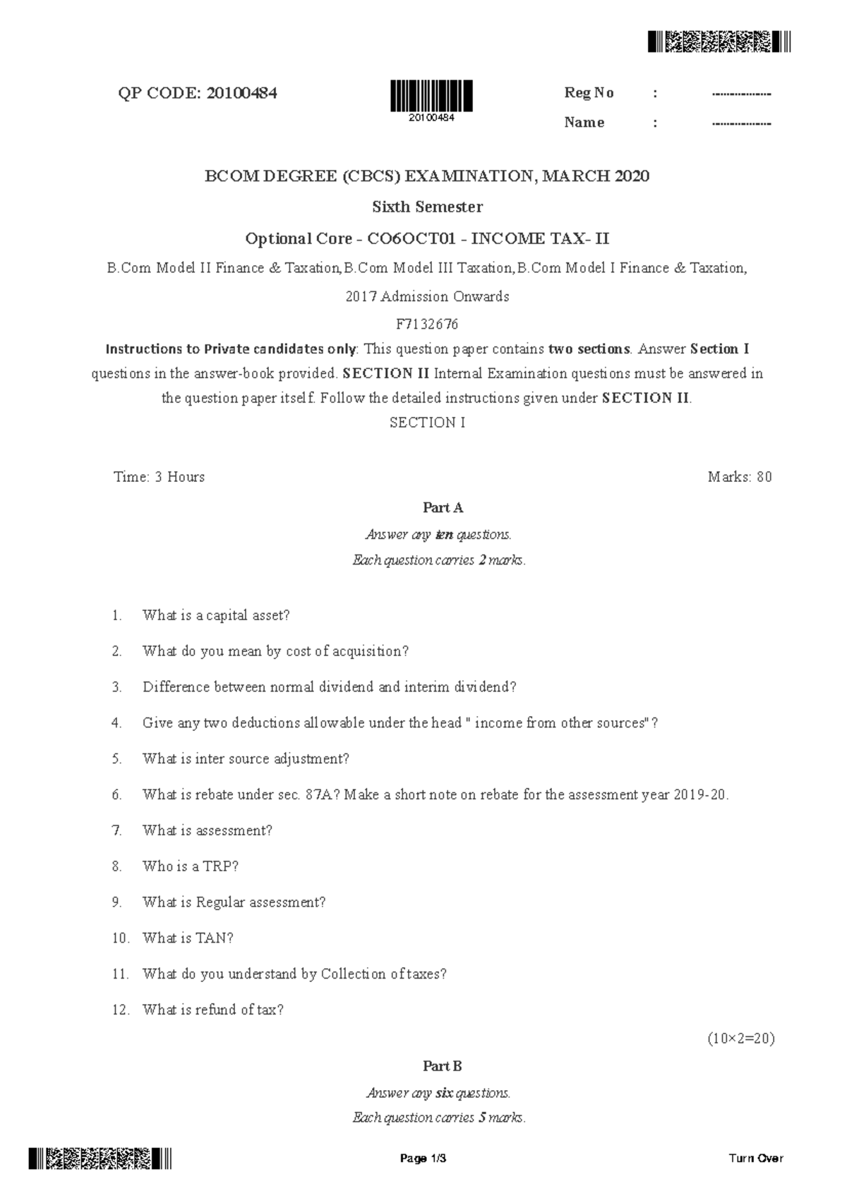 Income TAX II 2020 min - QP CODE: 20100484 Reg No : ..................... Name : - Studocu