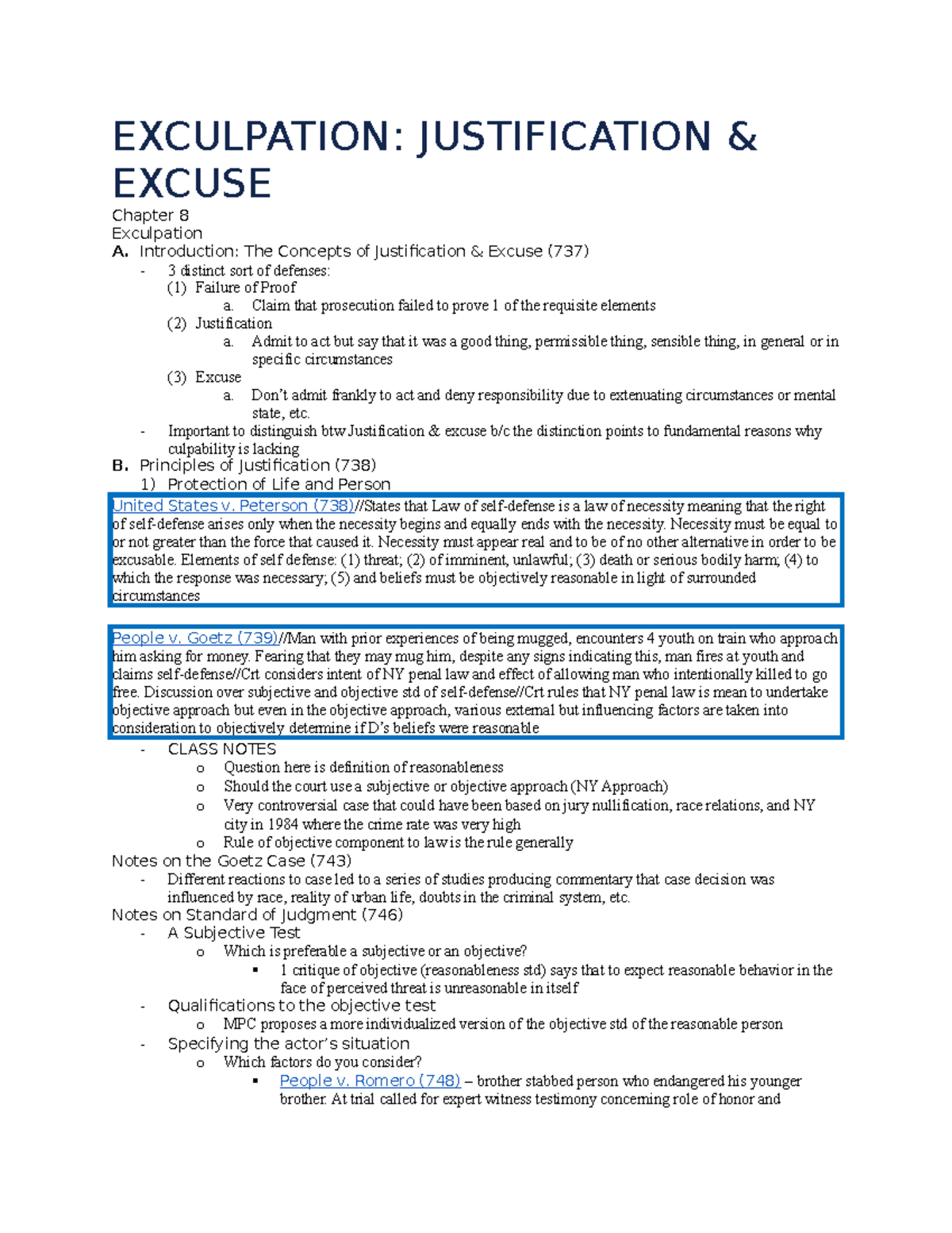 Criminal Law Outline - 3 - EXCULPATION: JUSTIFICATION & EXCUSE Chapter 8 Exculpation A. - Studocu