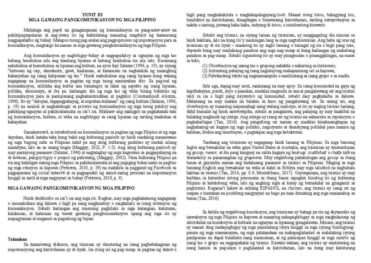 Pilipino Ateneo De Manila University - YUNIT III MGA GAWAING PANGKOMUNIKASYON NG MGA PILIPINO ...