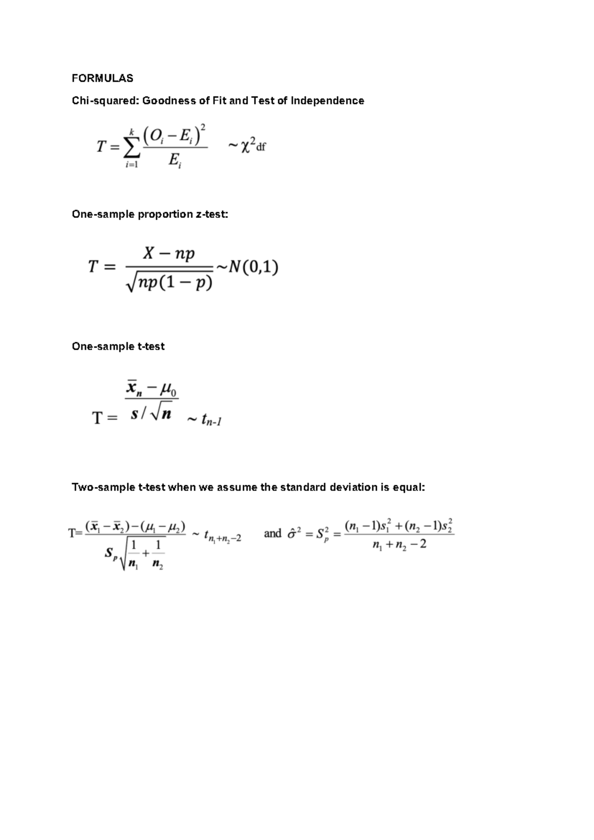 Formulas T2 2024 - 1014SCG - FORMULAS Chi-squared: Goodness of Fit and ...