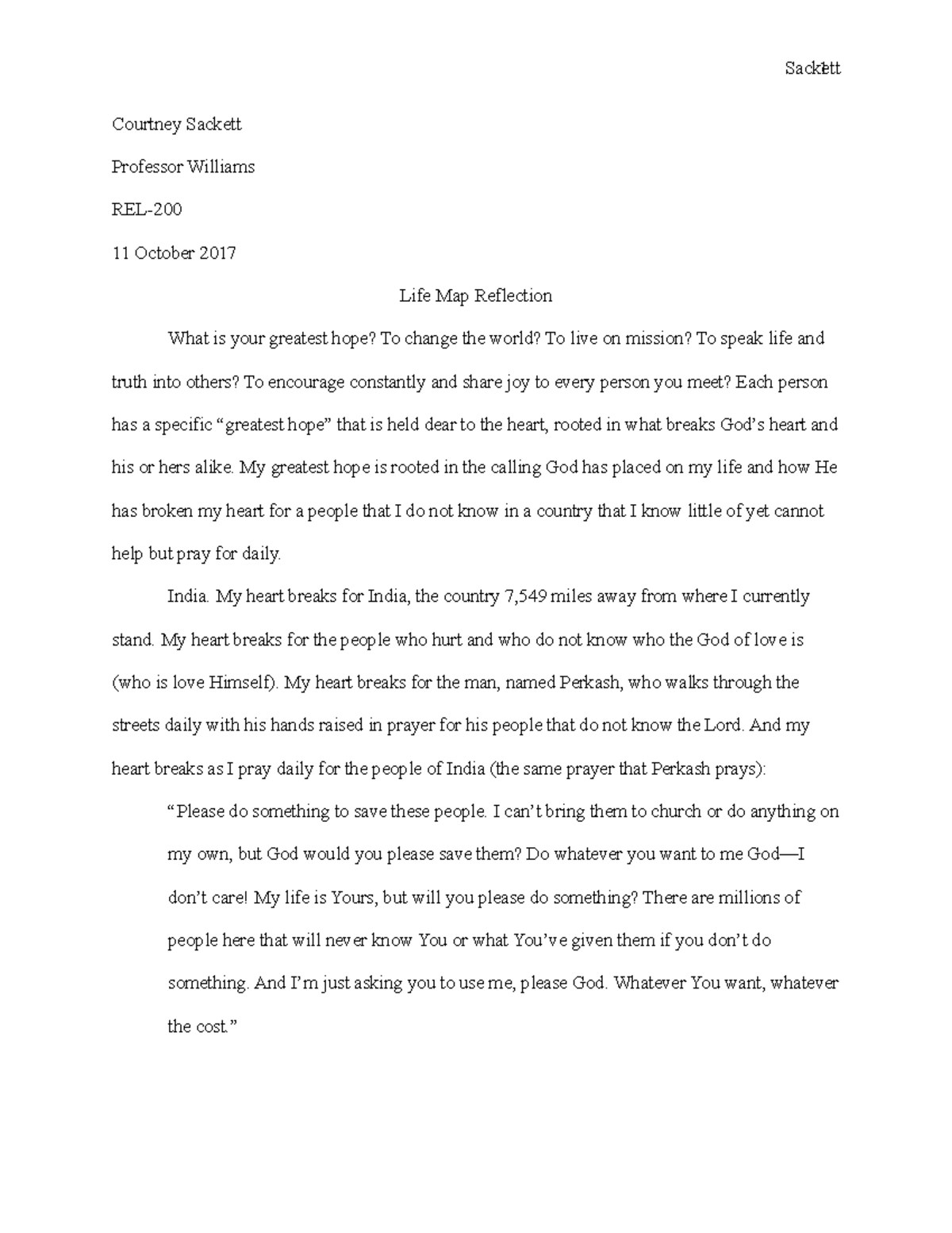 Life Map Reflection - Grade: A - Sackett Courtney Sackett Professor ...