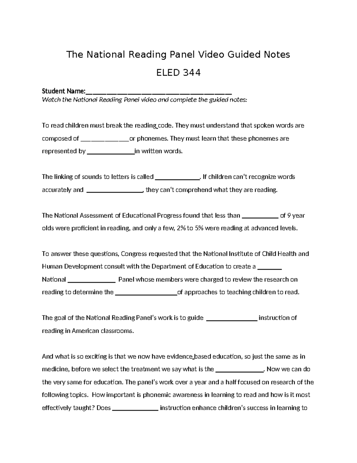 The National Reading Panel Video Guided Notes - They must understand ...