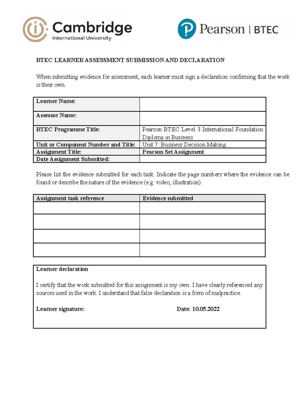 Example - do not know - BTEC LEARNER ASSESSMENT SUBMISSION AND DECLARATION When submitting ...