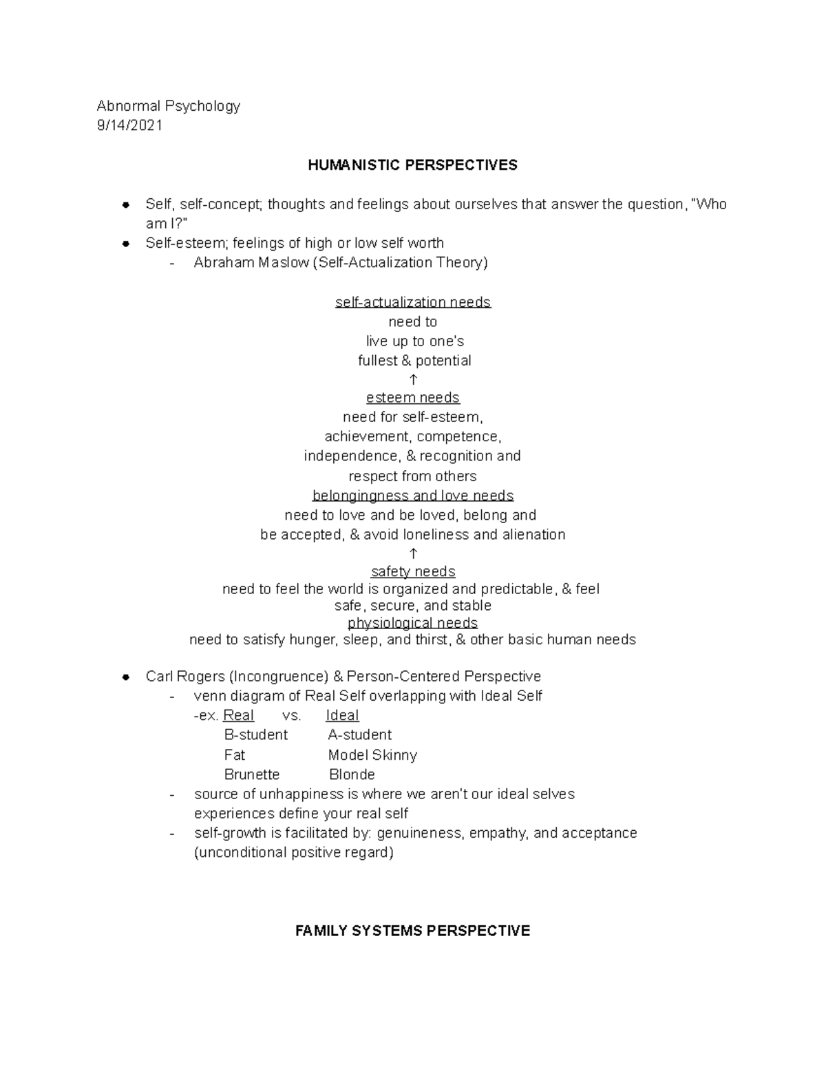 AP Notes 9 14 - Abnormal Psychology 9/14/ HUMANISTIC PERSPECTIVES Self ...