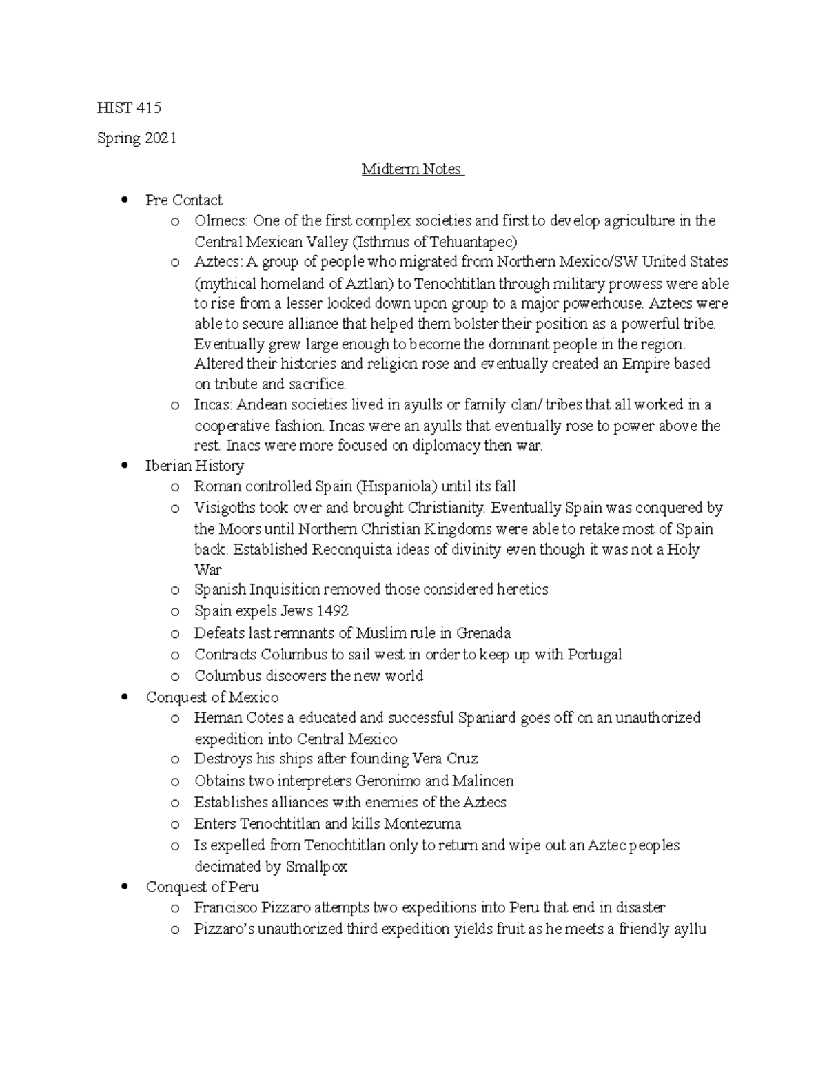 History 415 Midterm Notes - HIST 415 Spring 2021 Midterm Notes Pre ...