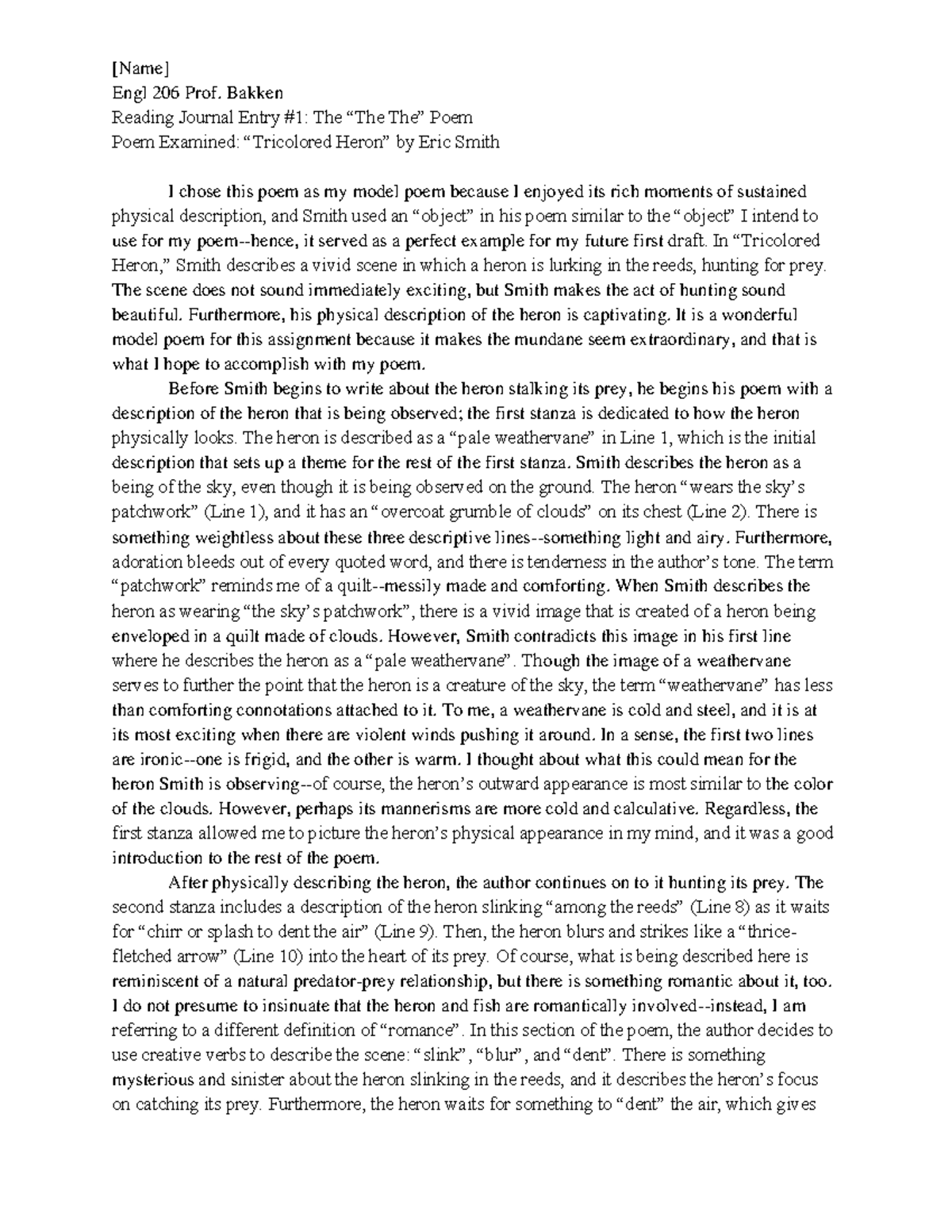 Sample Reading Journal 2 - [Name] Engl 206 Prof. Bakken Reading Journal ...