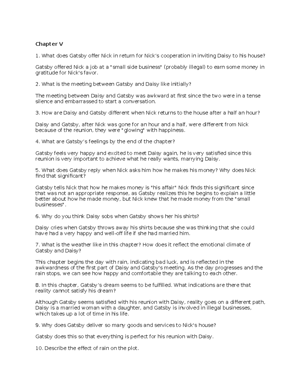 Great Gatsby Chapter 5 and 6 Questions - Chapter V What does Gatsby ...
