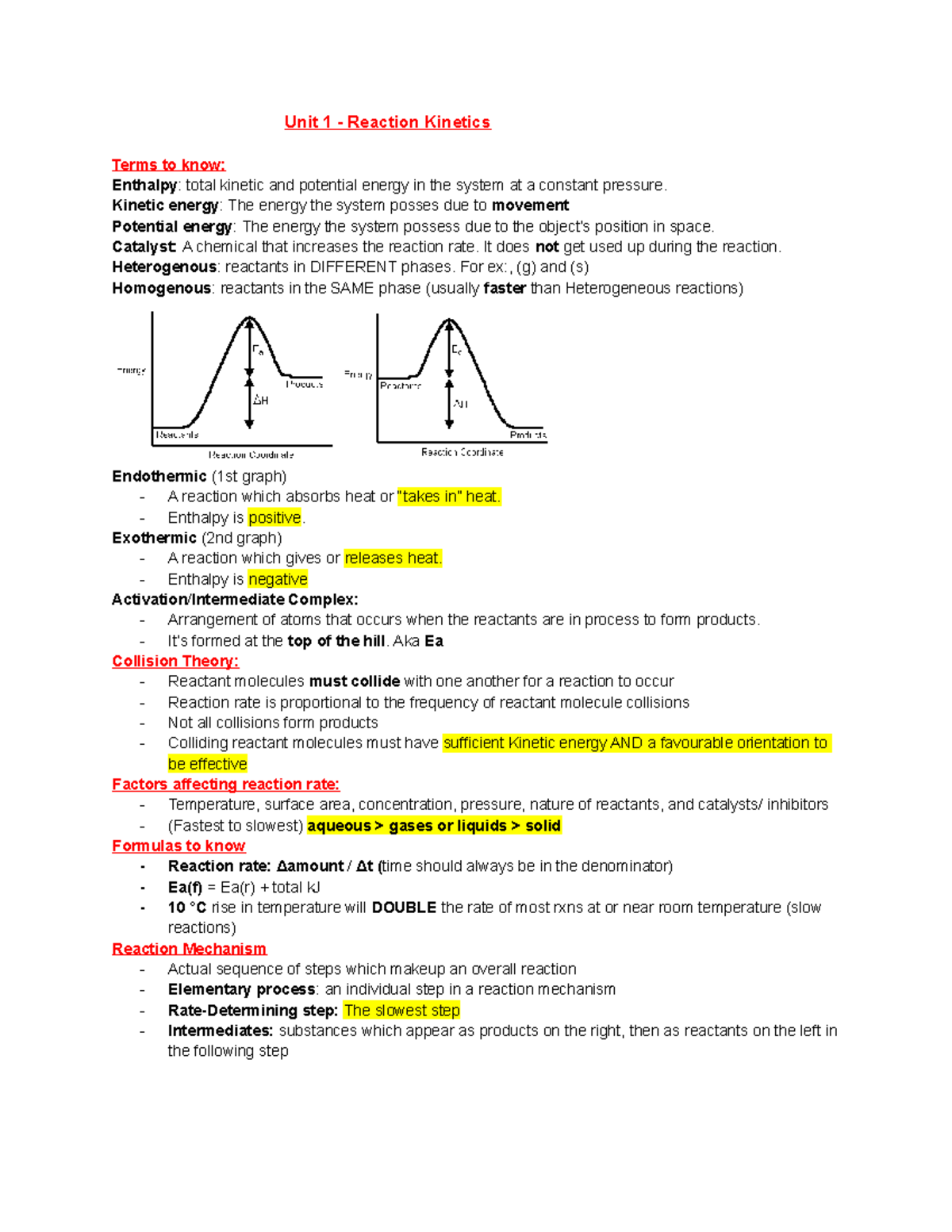 Unit1Cheat Sheet - Chemistry 12 - Unit 1 - Reaction Kinetics Terms to ...