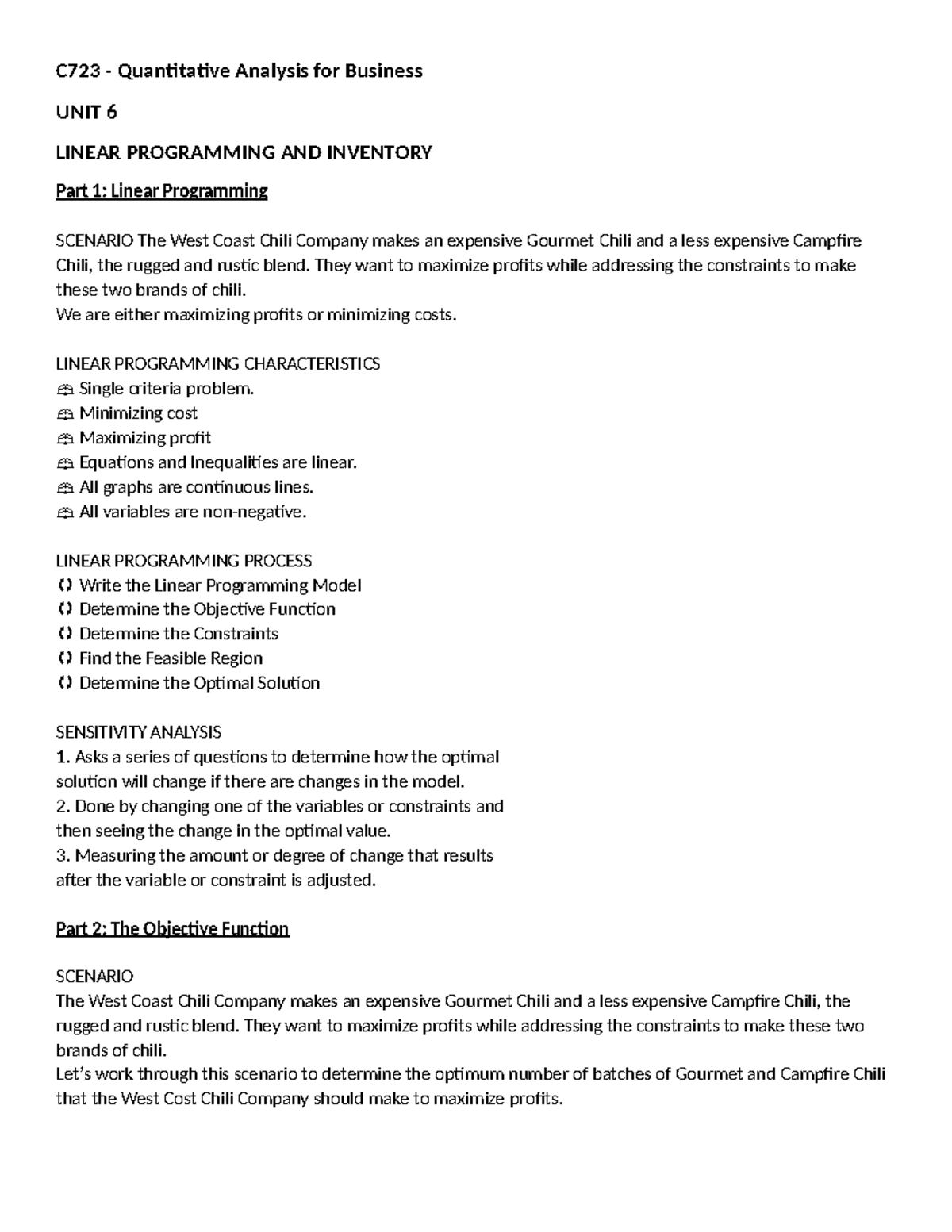 C723 UNIT 6 Quantitative Analysis for Business Notes - C723 ...