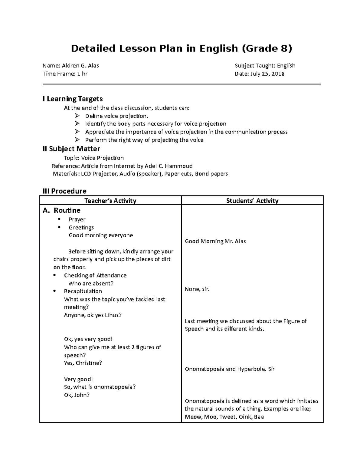 Detailed Lesson Plan in English Grade 8 - Alas Subject Taught: English ...