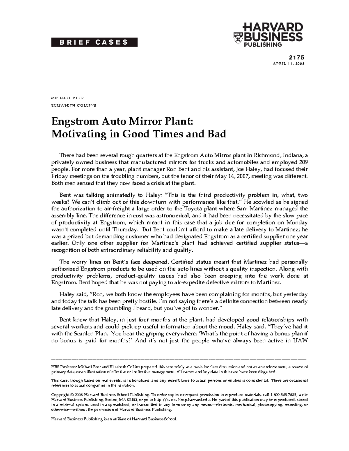 Engstrom Auto Mirror Plant Motivating in - HBS Professor Michael Beer ...