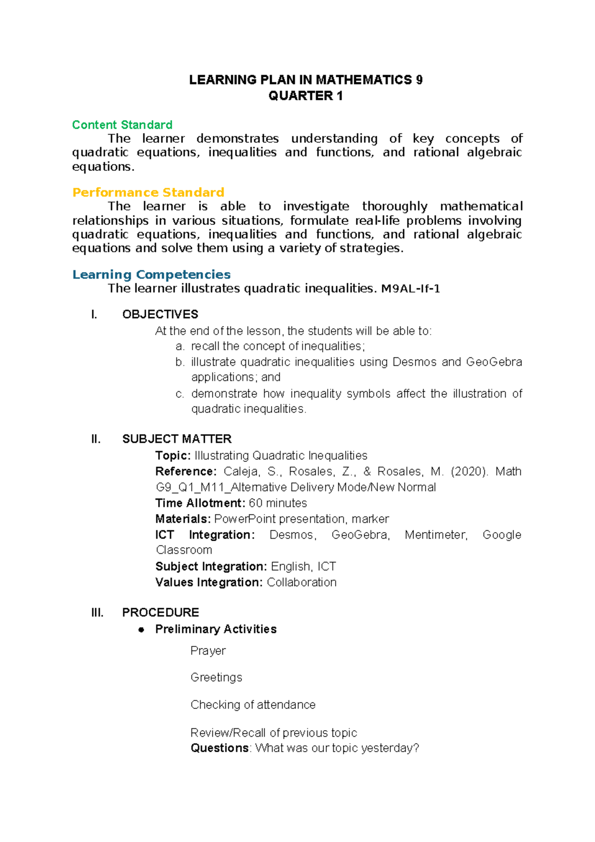 LP5 - Lesson Plan for Grade 9 - Quarter 1 - LEARNING PLAN IN ...