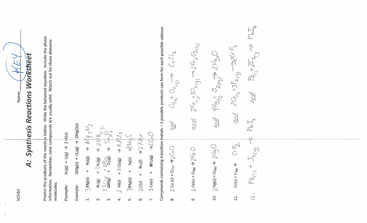 Worksheet - Types of Reactions All ( Answers) - Studocu