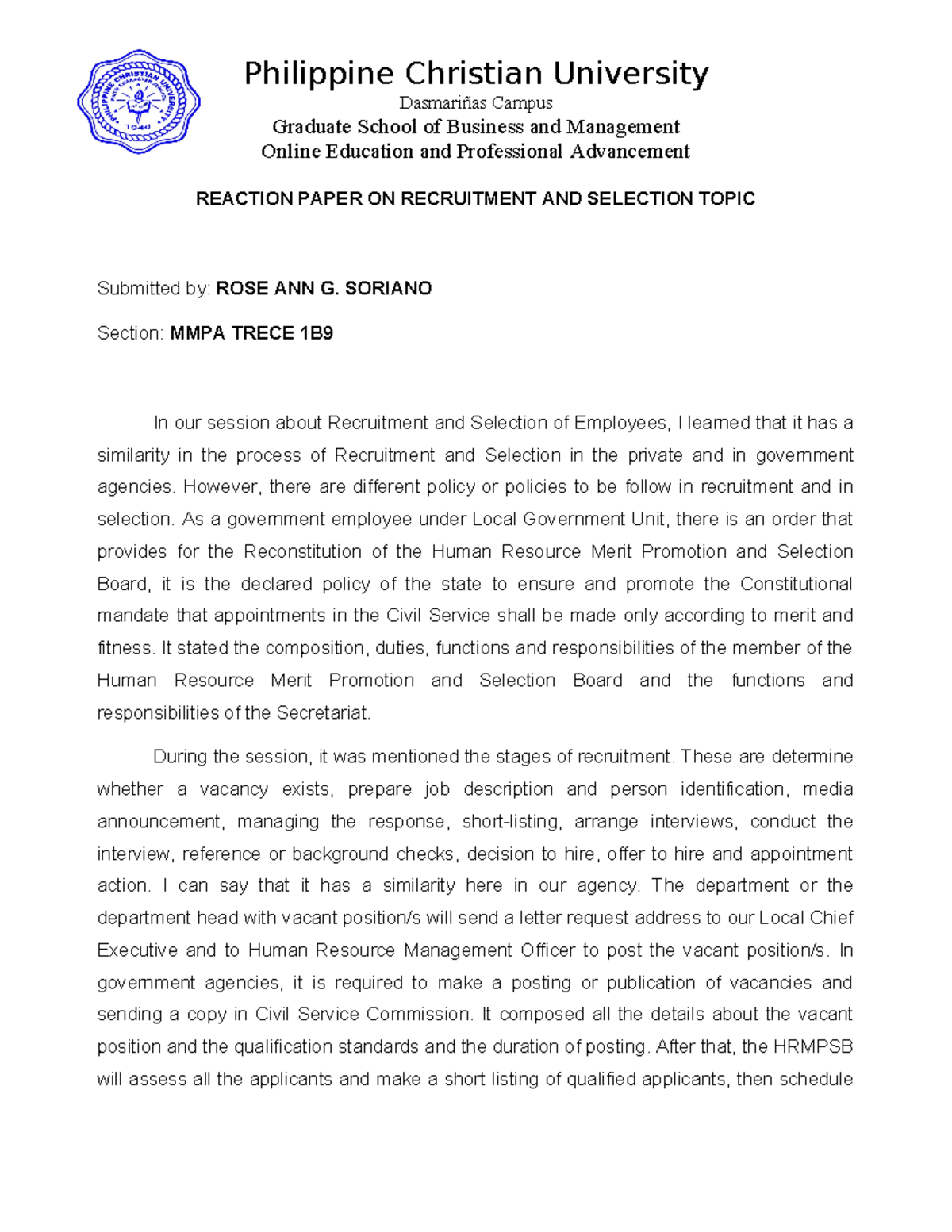 Reaction Paper Recruitment and Selection - Philippine Christian ...