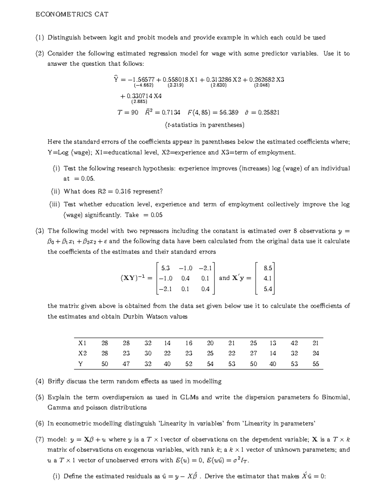 CAT Econometric 1 - ECONOMETRICS CAT (1) Distinguish between logit and ...