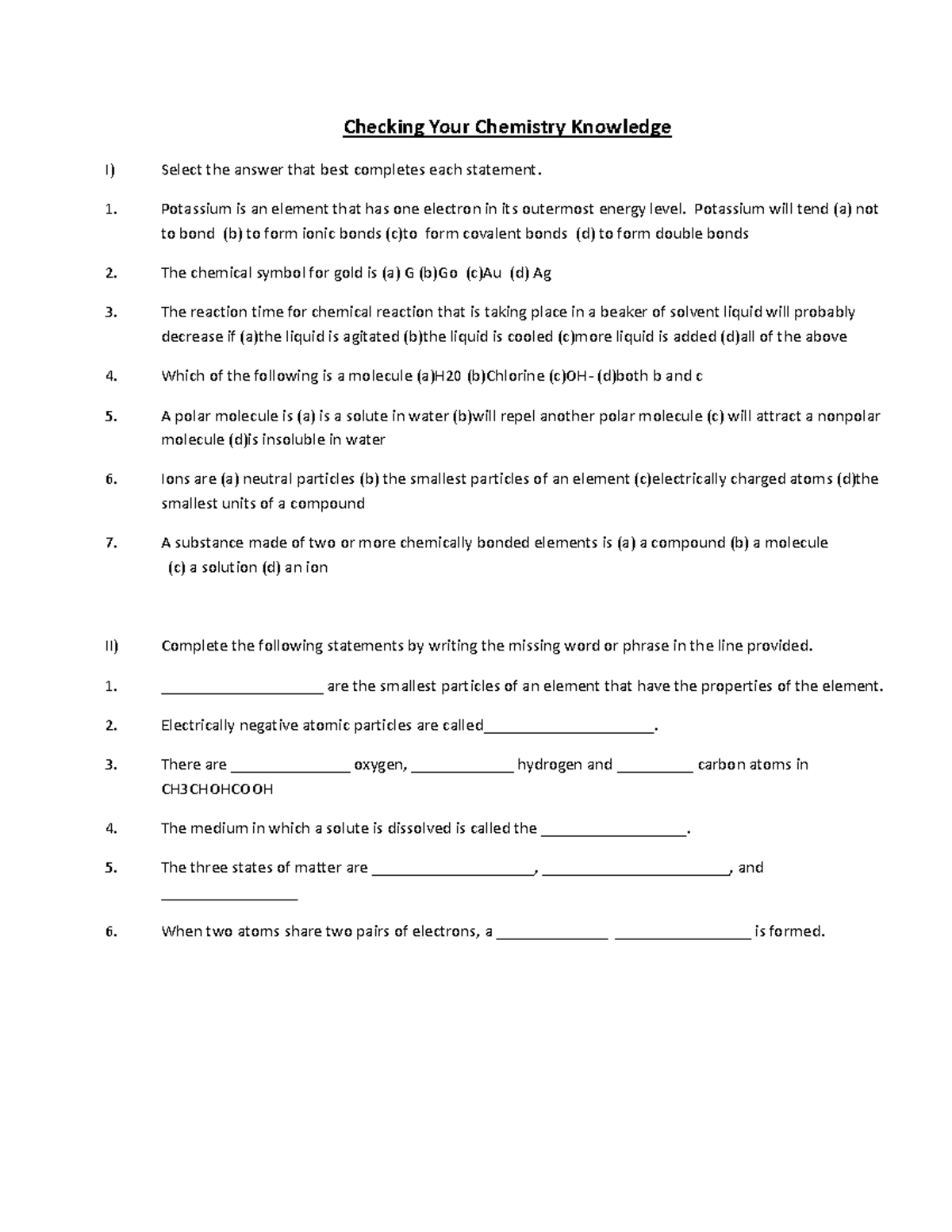 Review Practice Chemistry Questions - Checking Your Chemistry Knowledge ...
