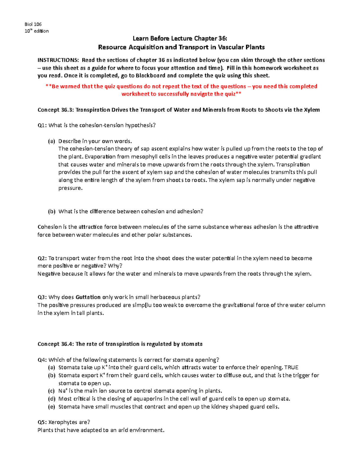 LBL3 - Resource Acquisition and Transport in Vascular Plants Chapter 36 ...