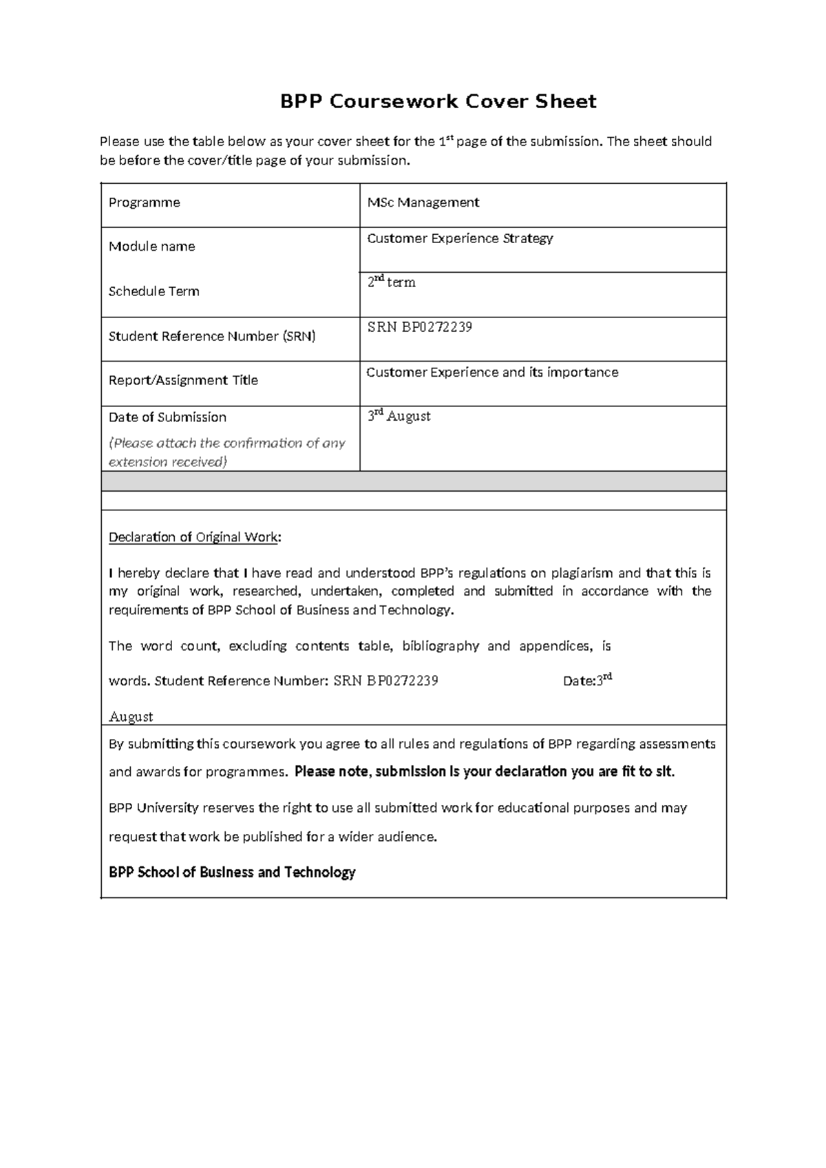 Customer Experience and Its Imporatnce - BPP Coursework Cover Sheet Please use the table below ...