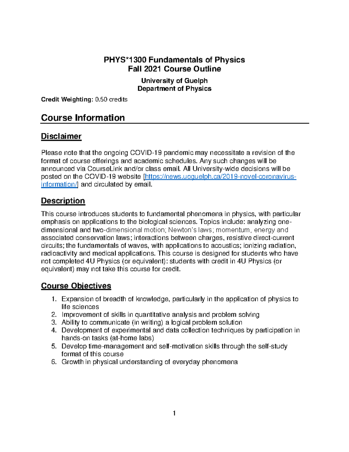 PHYS1300 F21 Outline final - PHYS*1300 Fundamentals of Physics Fall ...