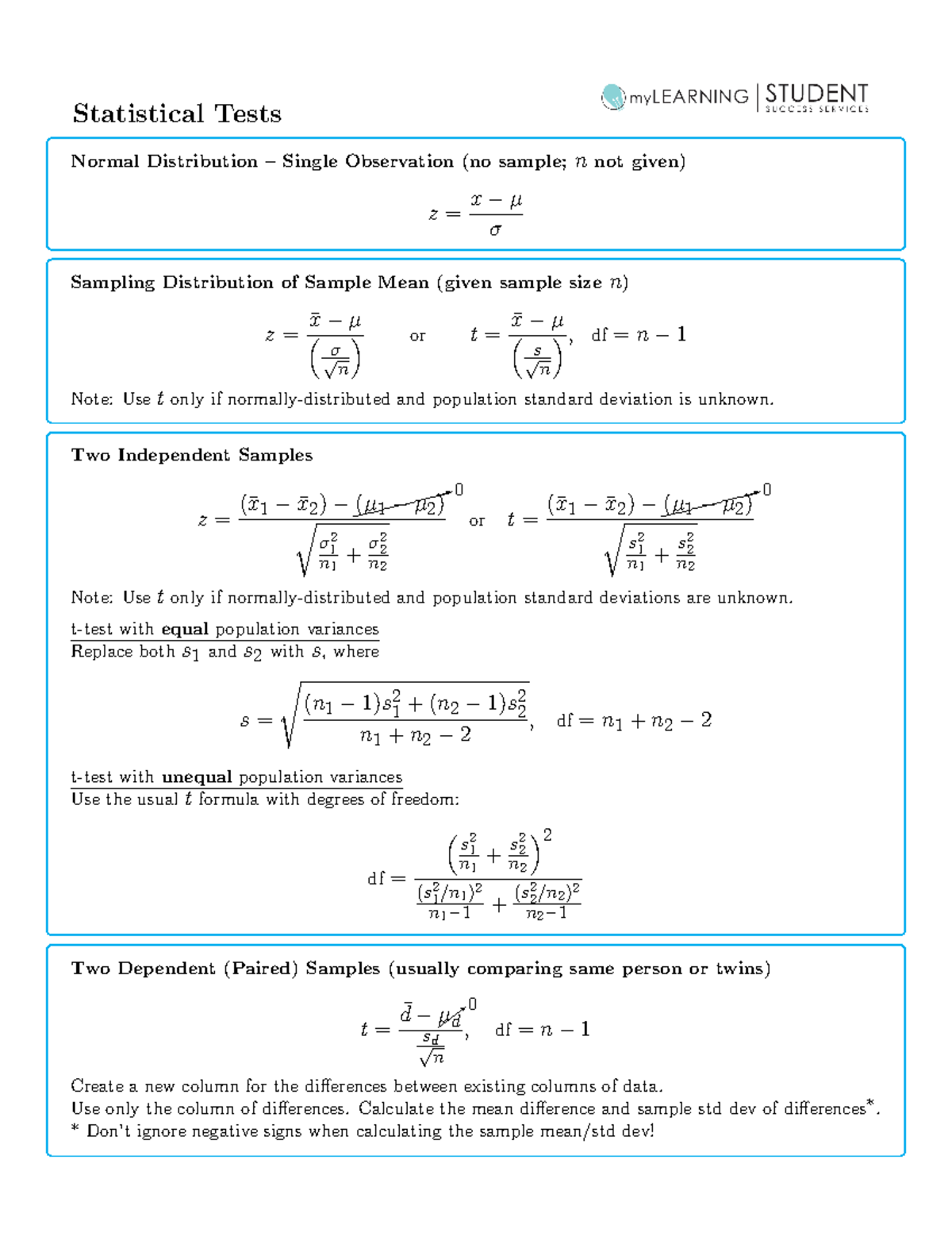 Statistical Tests for stats course - Statistical Tests Normal ...