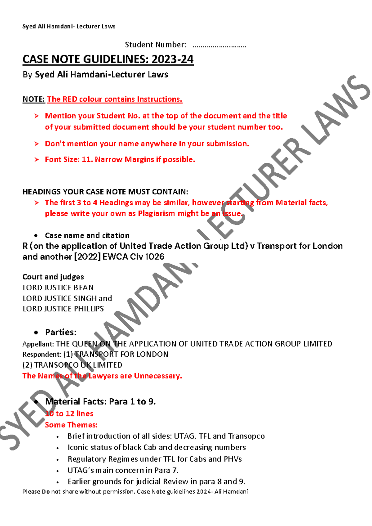 CASE NOTE Guidelines 2024- A - Student Number: ........................... CASE NOTE GUIDELINES ...