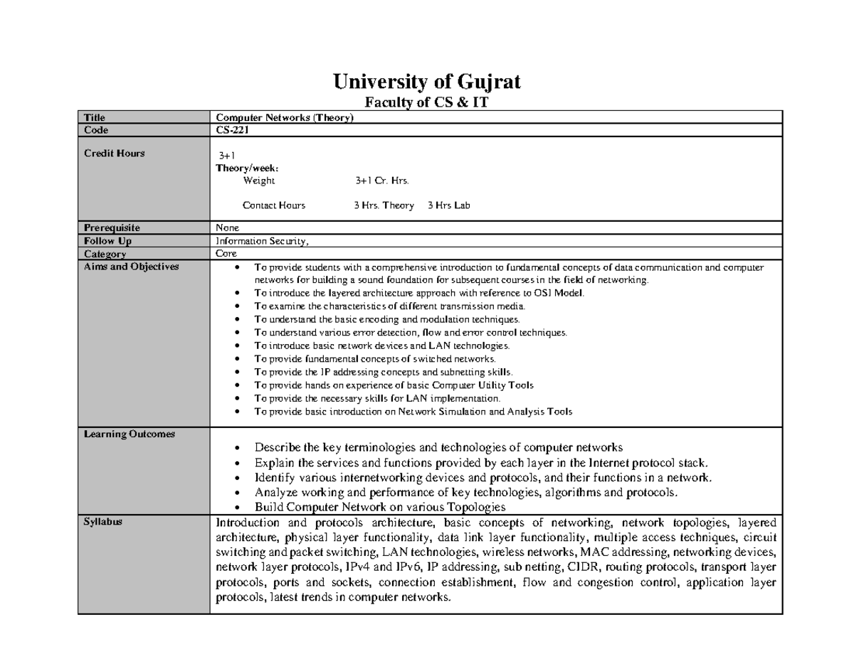 Computer Networks CS-221 - University of Gujrat Faculty of CS & IT Title Computer Networks - Studocu