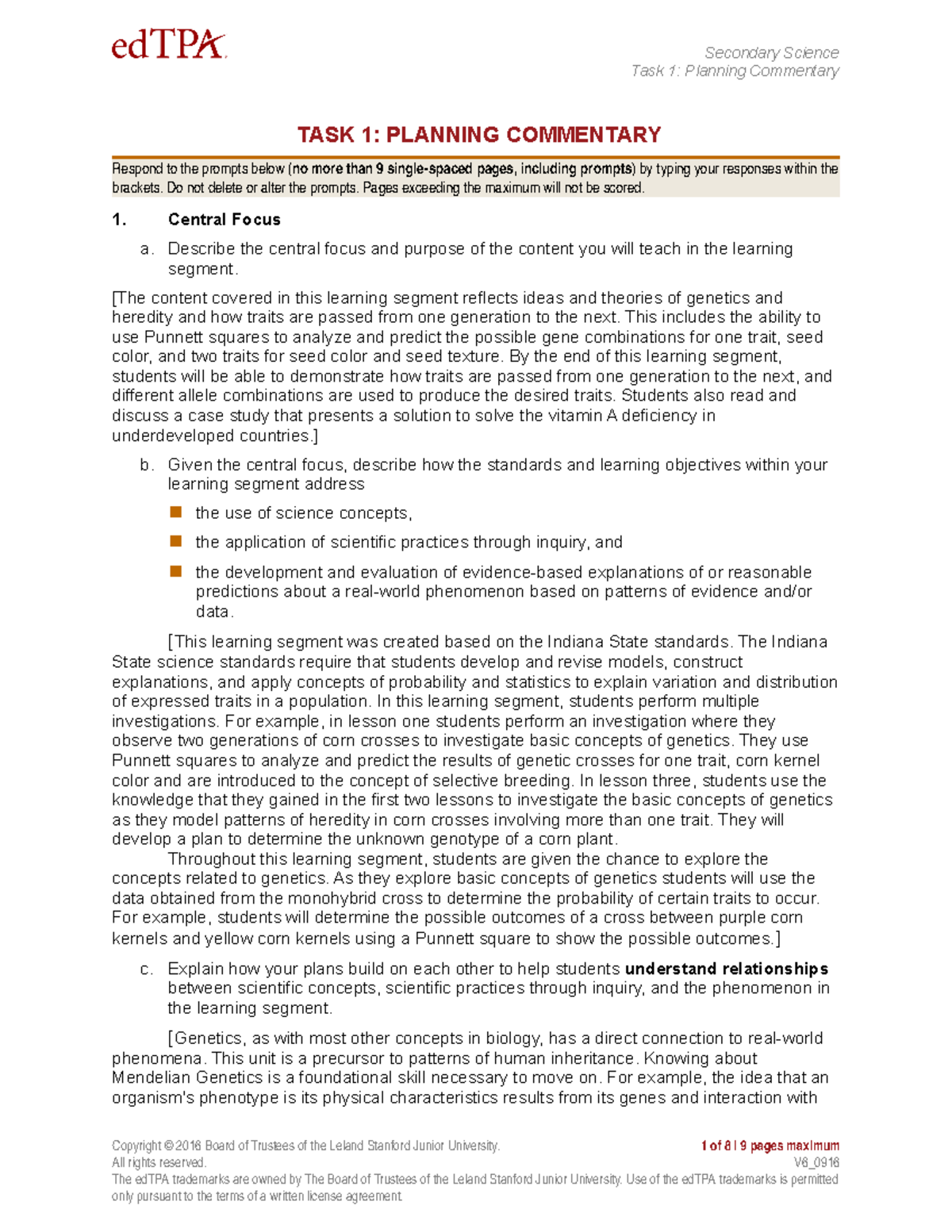 ED TPA Lesson Plan 1 Covering Monohybrid Crosses Task 1 Planning