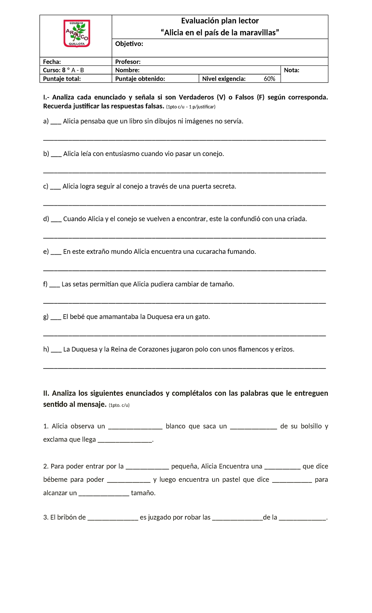 Alicia en el país de las maravillas - I.- Analiza cada enunciado y ...