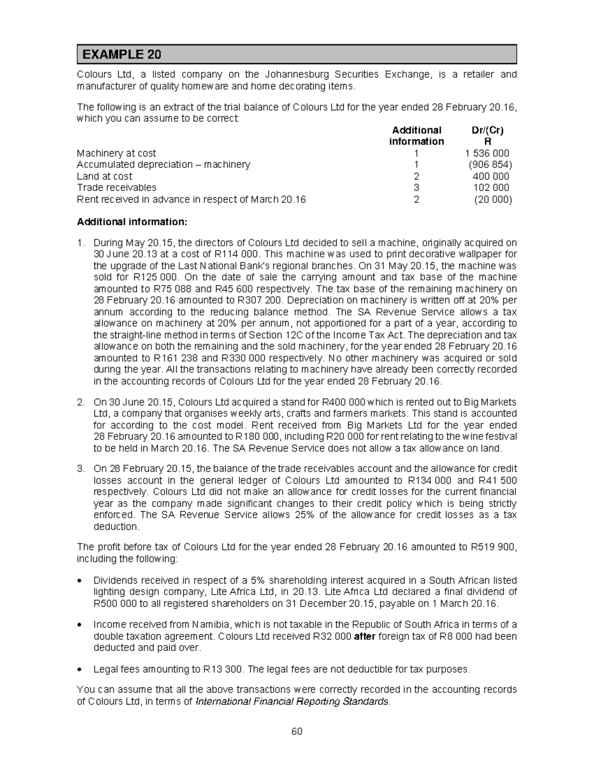 FAC3764 Practice question - 60 EXAMPLE 20 Colours Ltd, a listed company on the Johannesburg ...