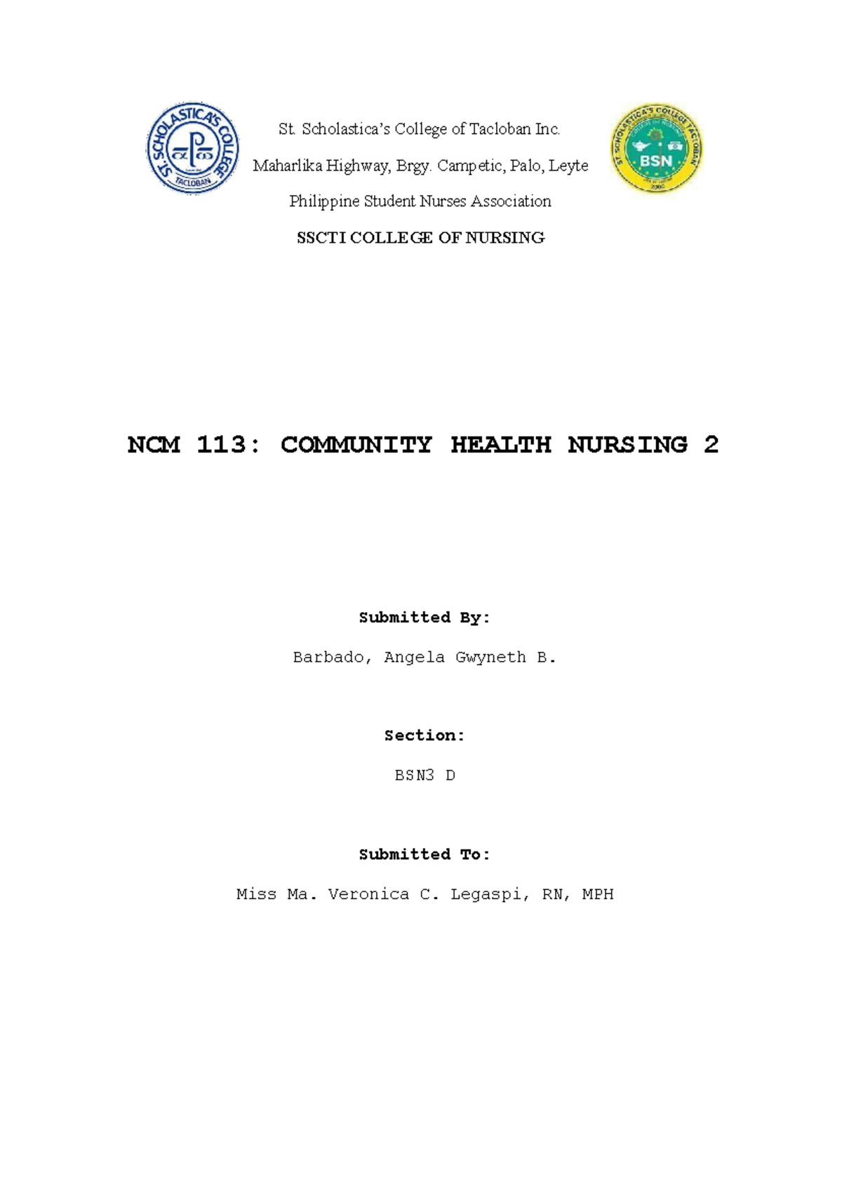 NCM 113 Journal- Barbado, Angela Gwyneth - nursing - St. Scholastica’s ...