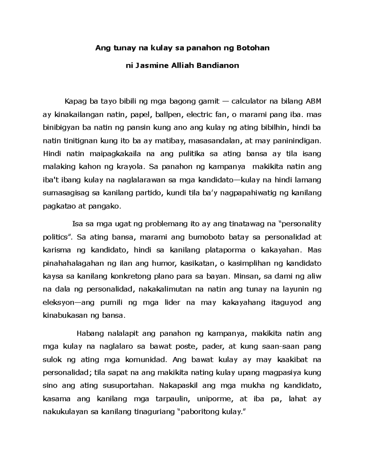 Talumpati alliah - it is filipino - Ang tunay na kulay sa panahon ng ...