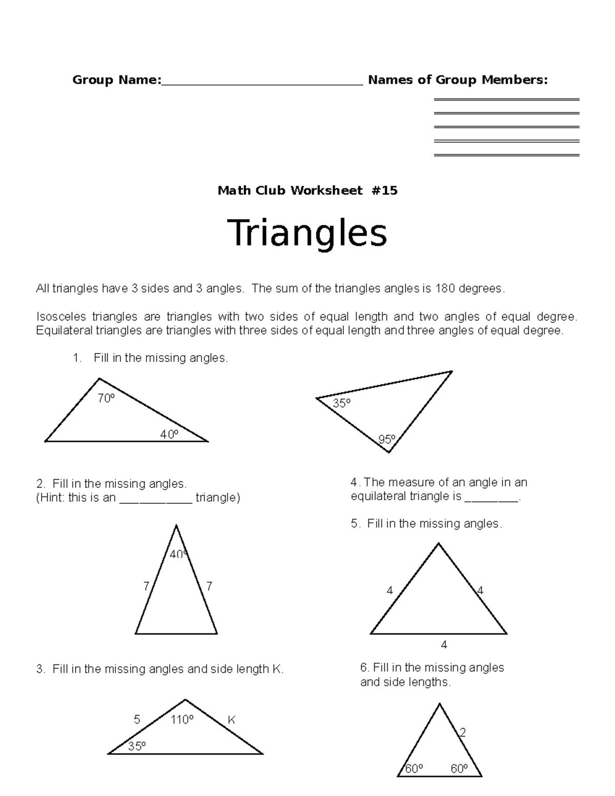 Worksheet 15 - Triangles - Group Name: Names of Group Members