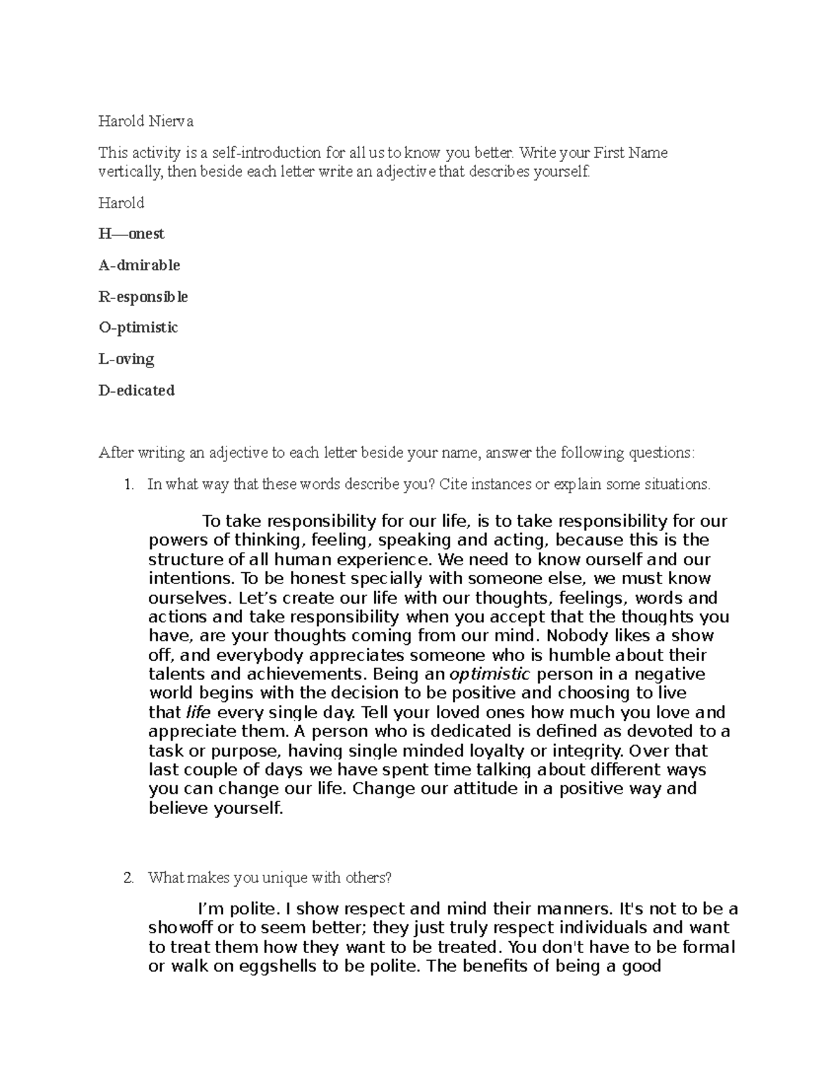 Assignment # 1-SELF Introduction - Harold Nierva This activity is a ...