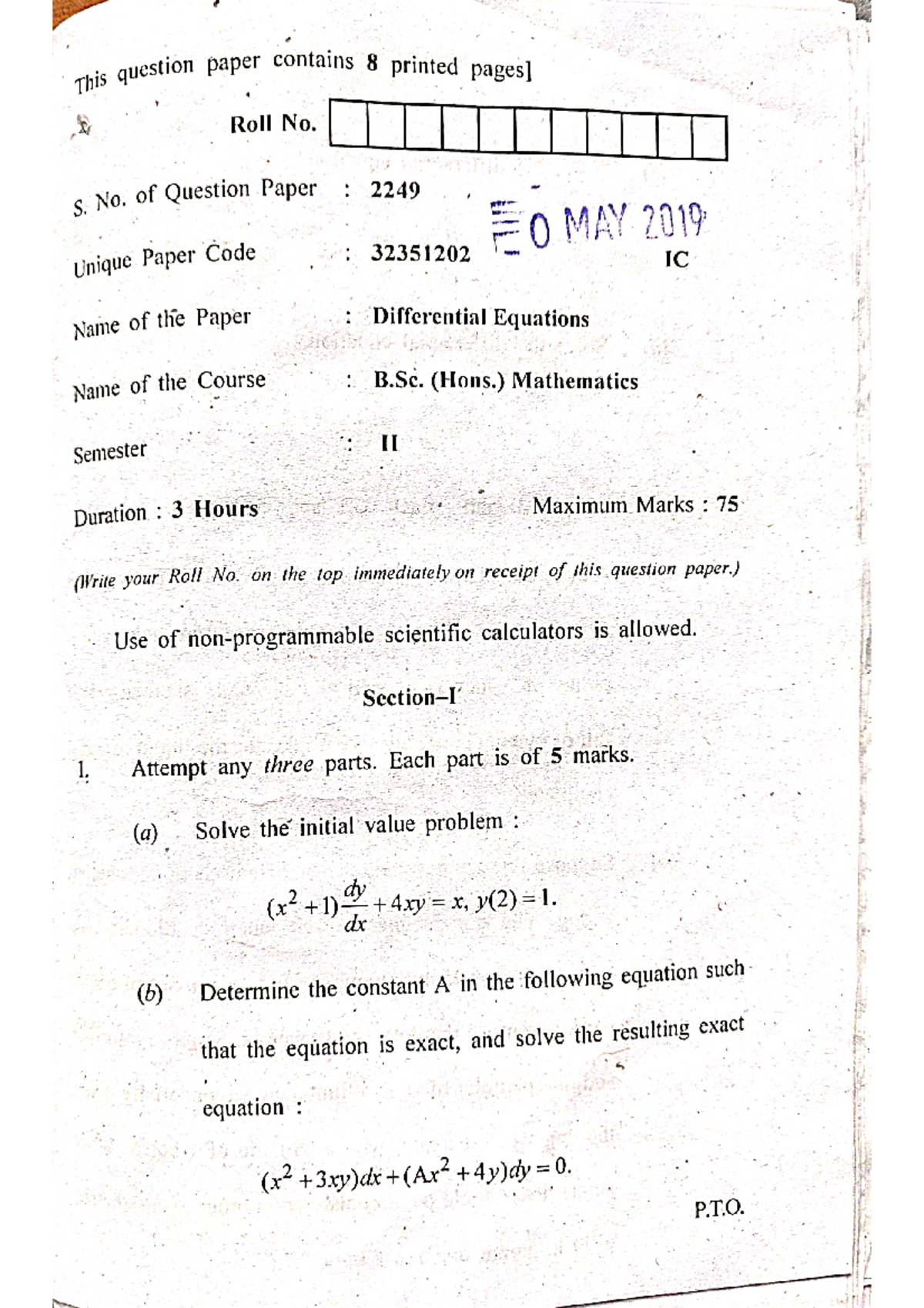 DE Que. paper 2019 - Differential Equation - Studocu