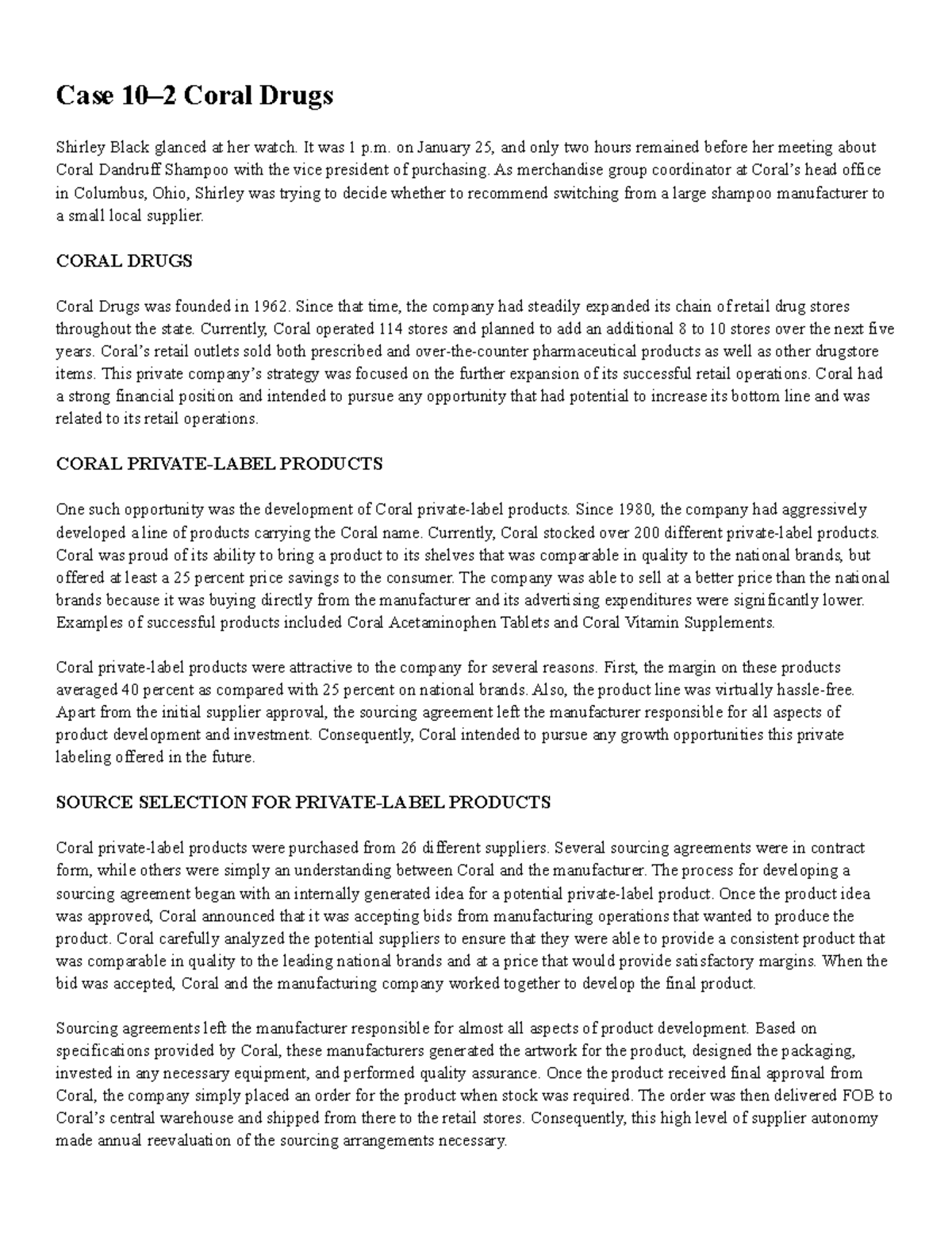 Coral Drugs Manual - Case study - Case 10–2 Coral Drugs Shirley Black ...