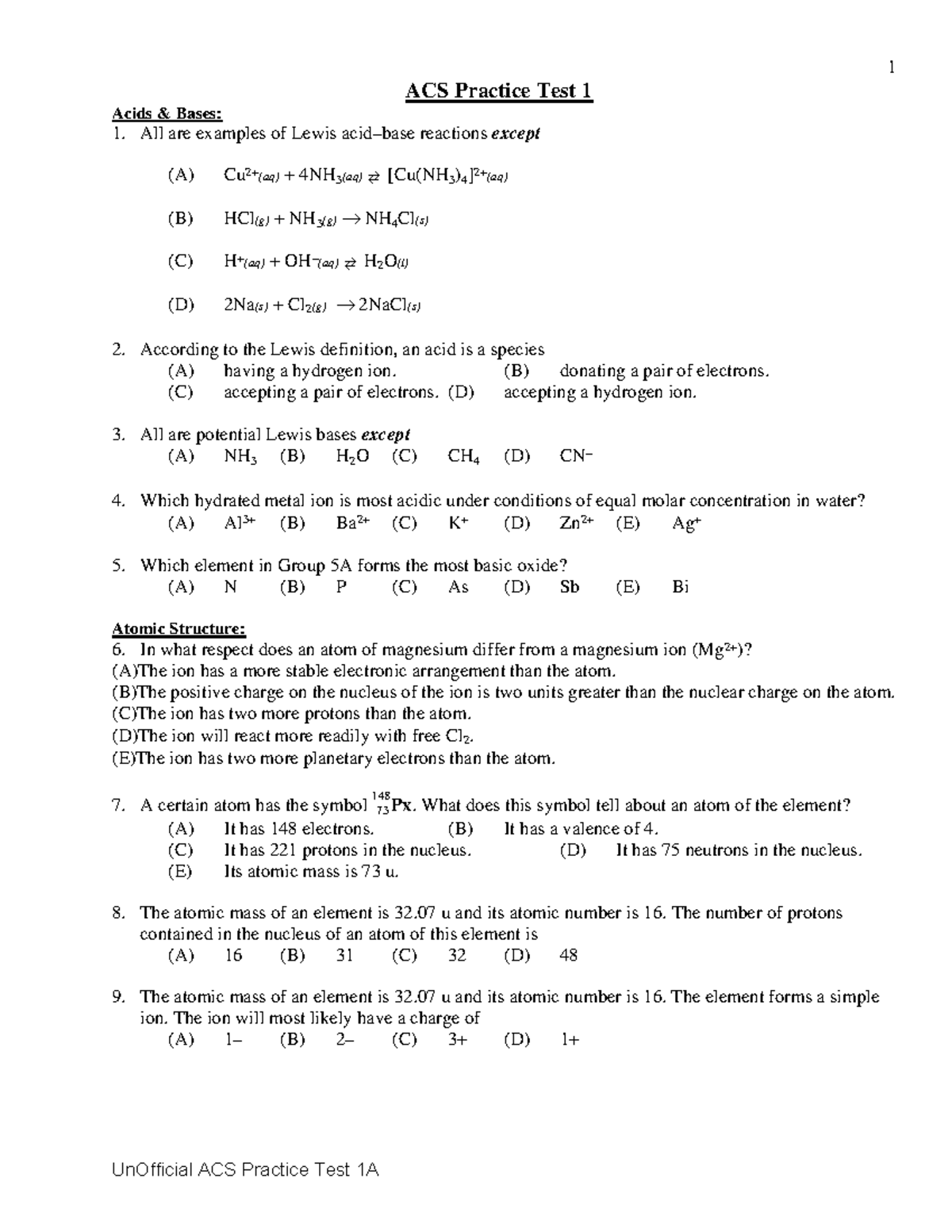 CHem 1 practice test - ACS Practice Test 1 Acids & Bases: All are ...