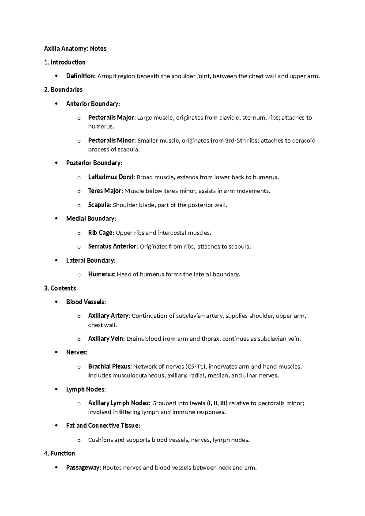 Anatomy notes - Axillary - Axilla Anatomy: Notes 1. Introduction ...