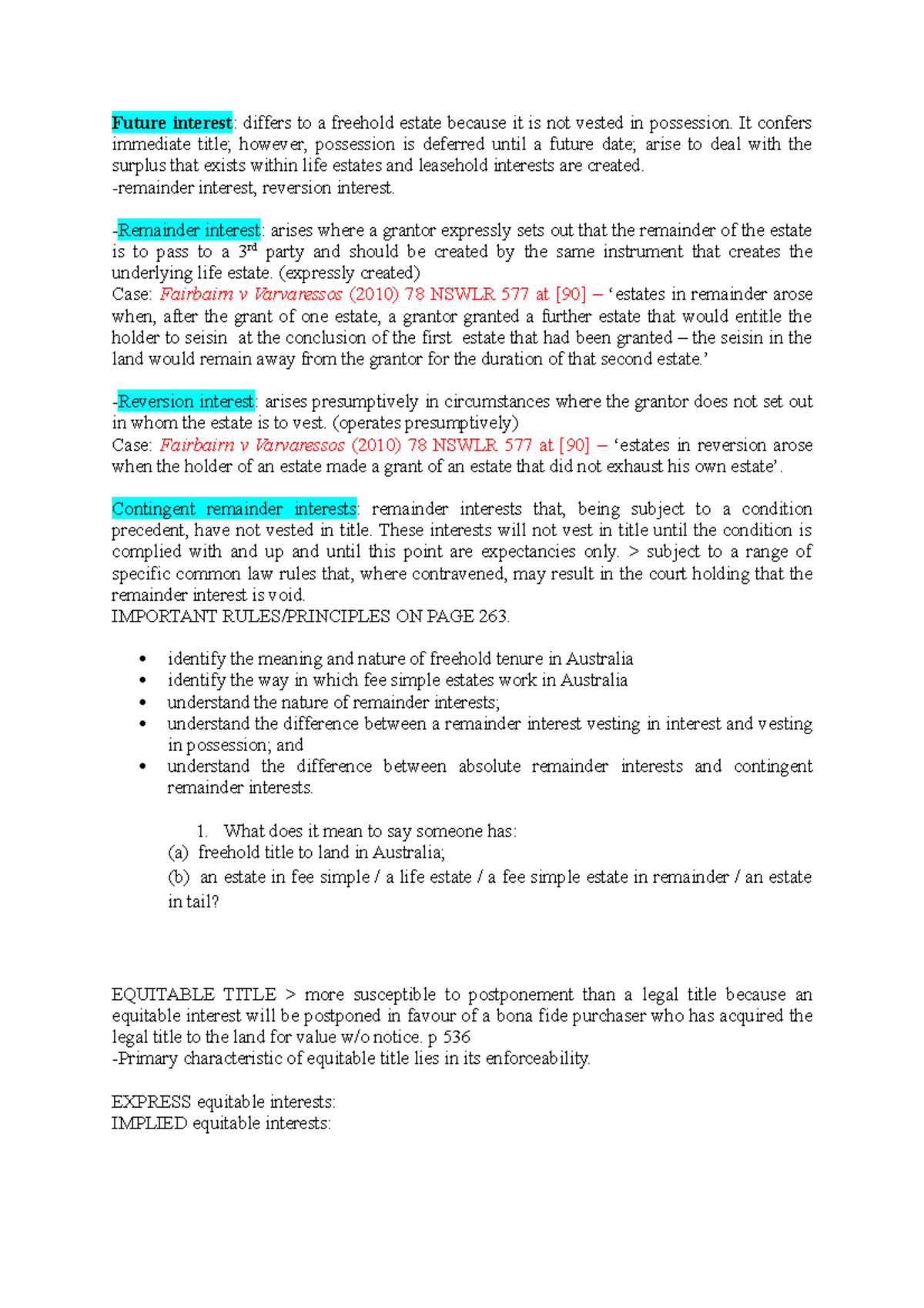 Future interest - Lecture notes n/a - Future interest : differs to a ...