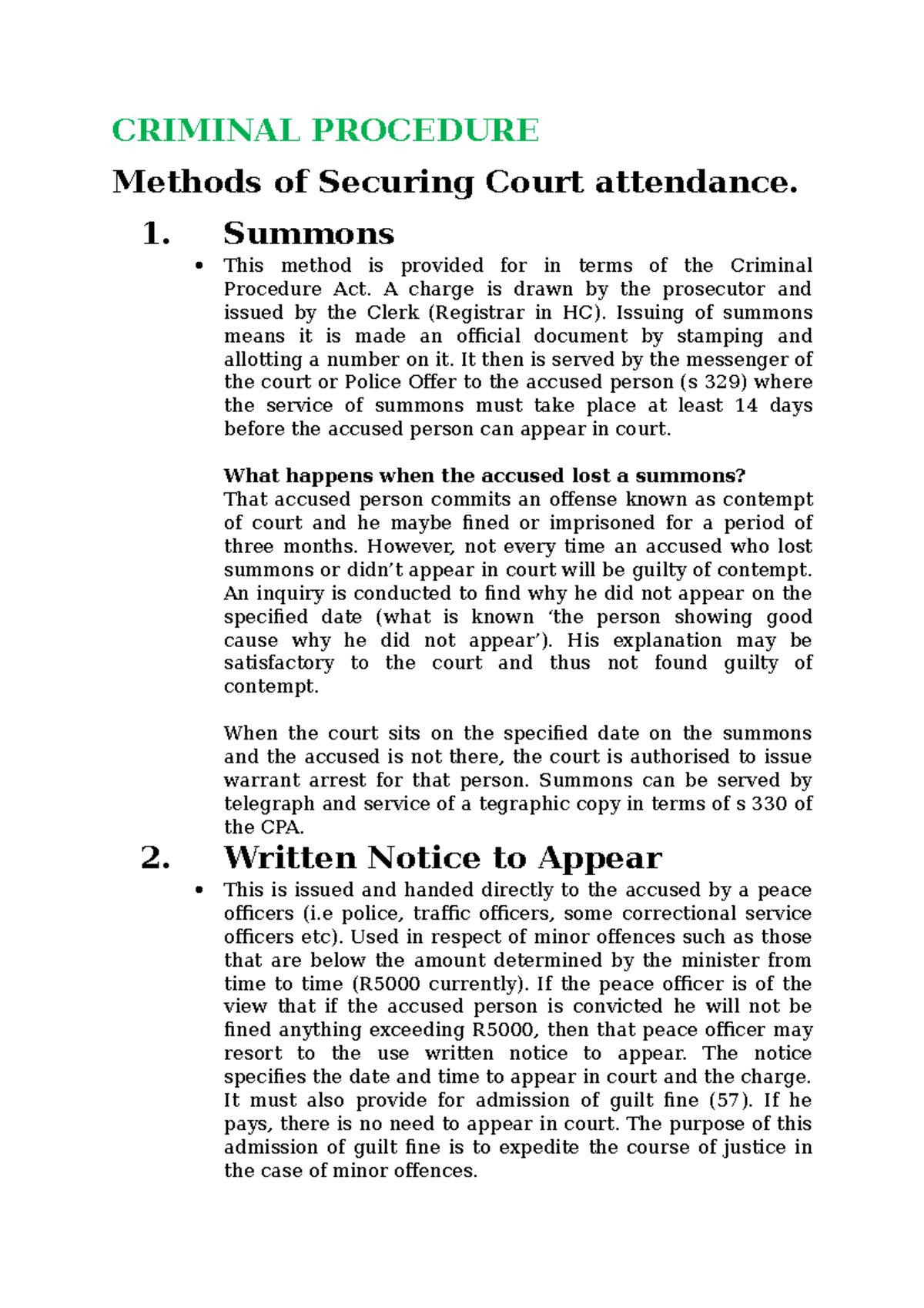 Criminal Procedure: Methods of Securing Court attendance - CRIMINAL ...