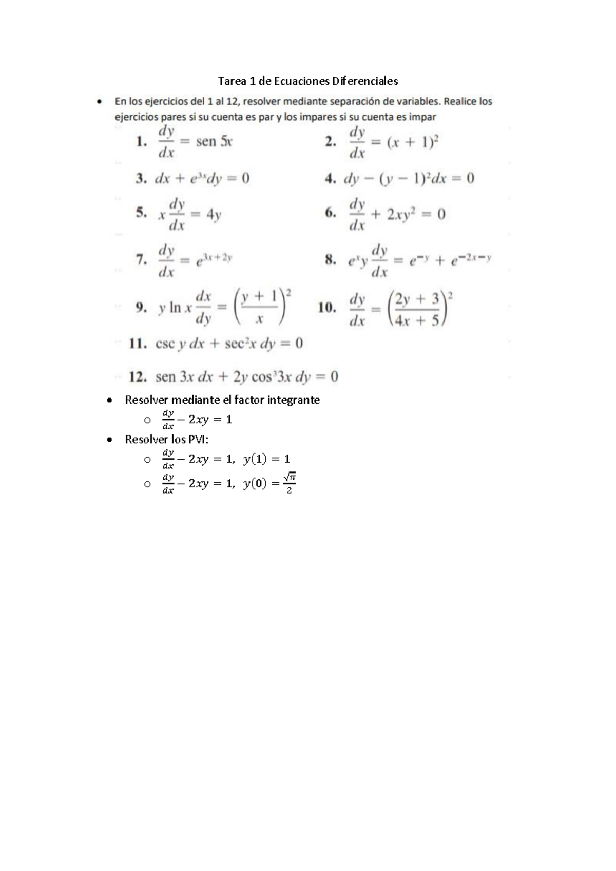 Tarea 1 de Ecuaciones Diferenciales Q4 - Tarea 1 de Ecuaciones Diferenciales Resolver mediante ...