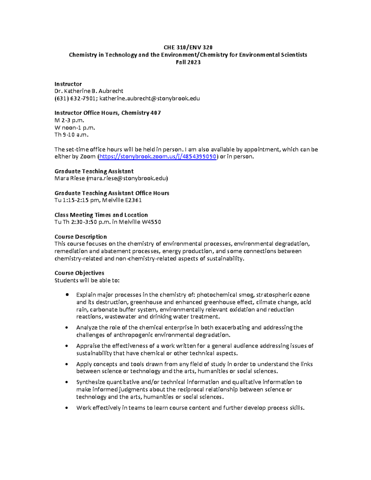 CHE 310-ENV 320 syllabus. Fall 2023 - CHE 310/ENV 320 Chemistry in ...