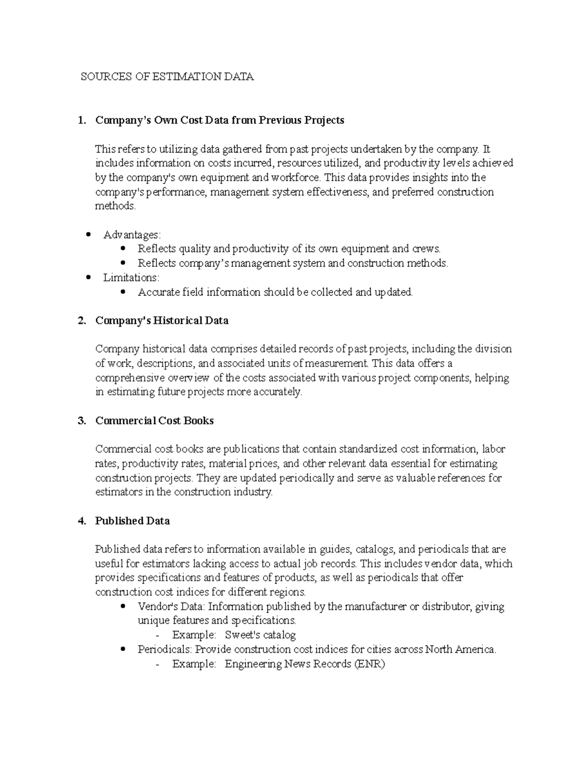Sources Of Estimation Data Sources Of Estimation Data Companys Own