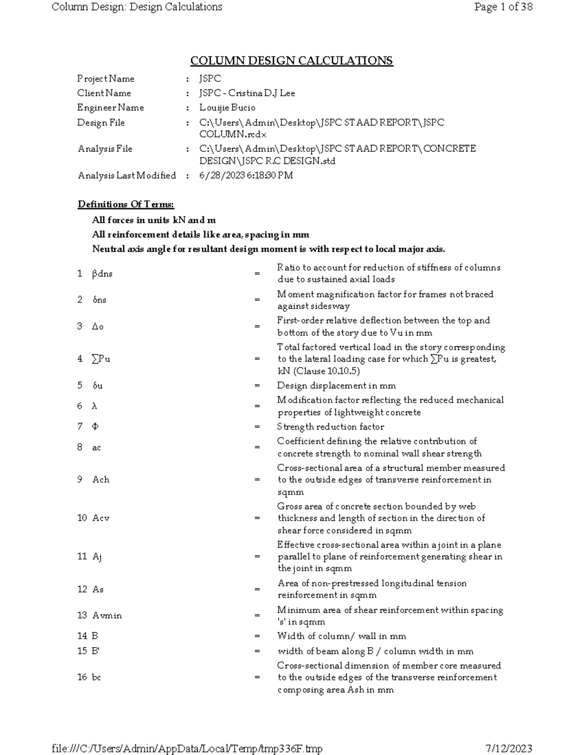 Structural Column Design - COLUMN DESIGN CALCULATIONS Project Name ...